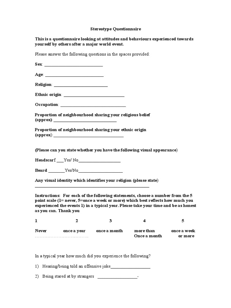 Stereotype Questionnaire | PDF | Prejudices | Discrimination
