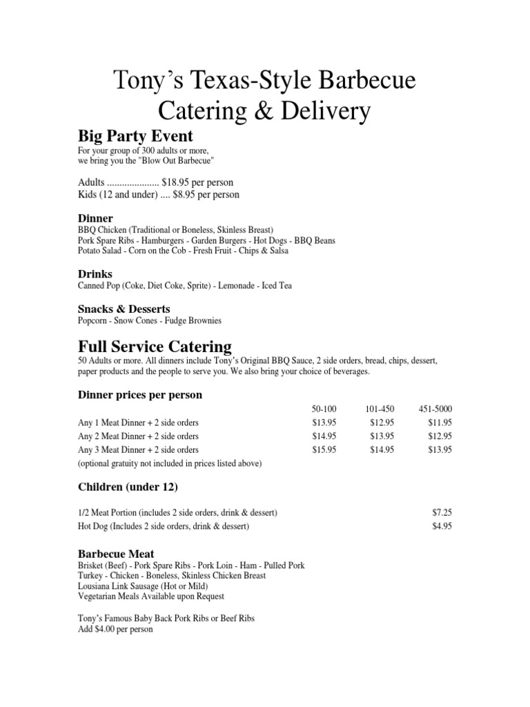 Tony's BBQ Catering Menu | Barbecue | Hamburgers