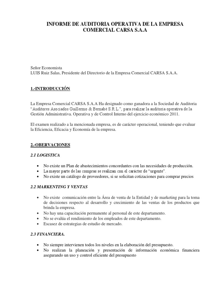 Informe de Auditoria Operativa empresa comercial | Marketing | Budget