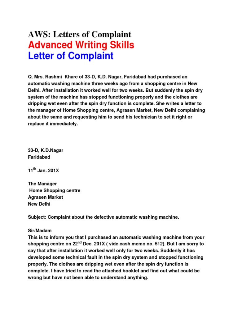 Letter Of Complaint Complaint Letter
