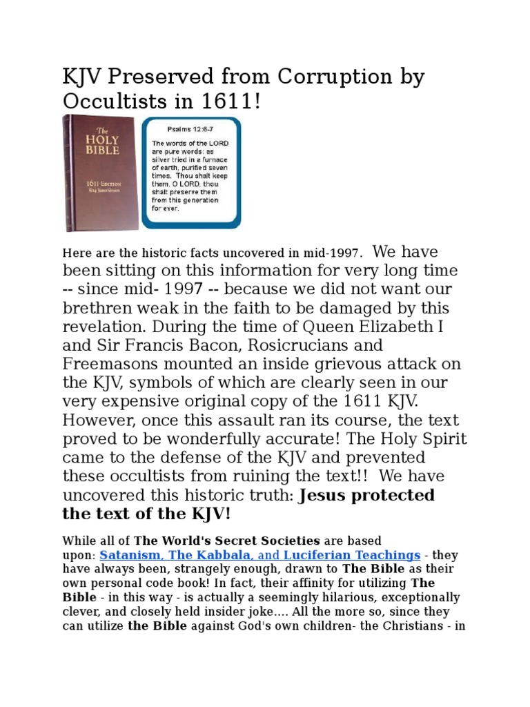 KJV Preserved From Corruption by Occultists in 1611 | PDF | Satanism ...