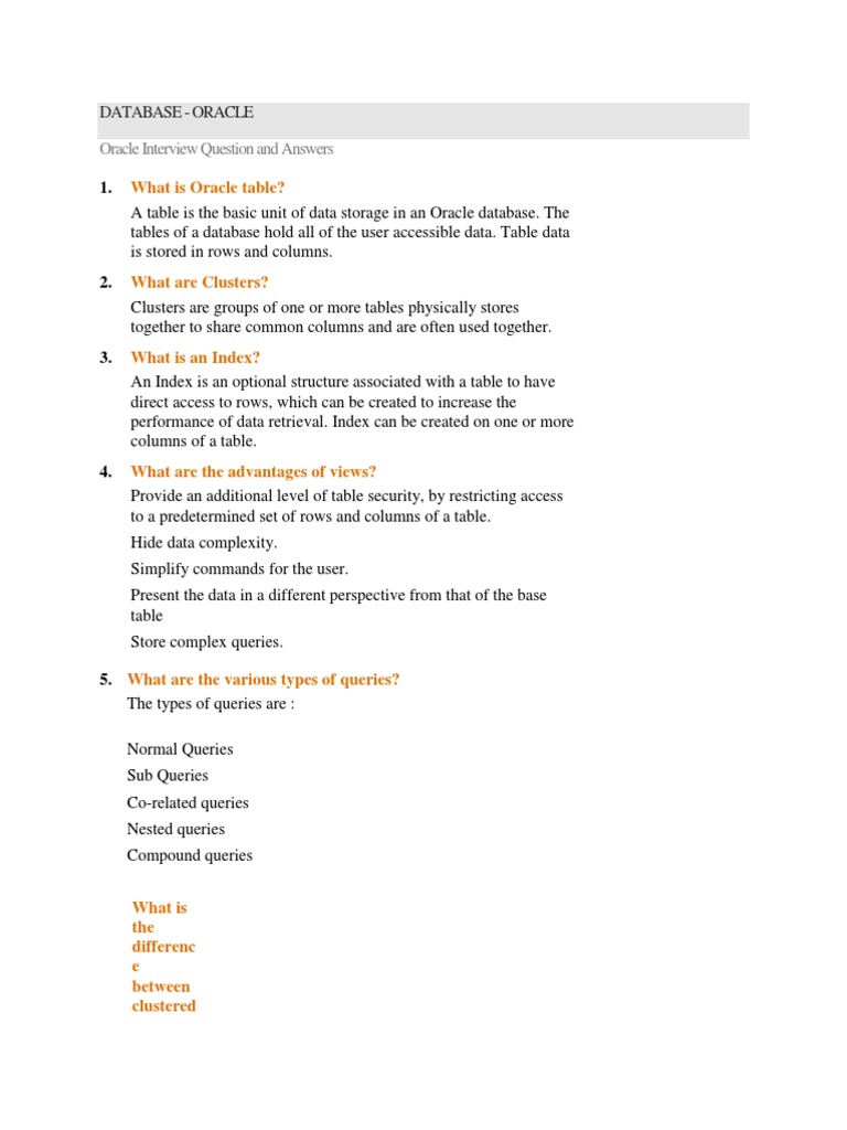 Oracle Interview Questions And Answers Pdf Database Index Sql