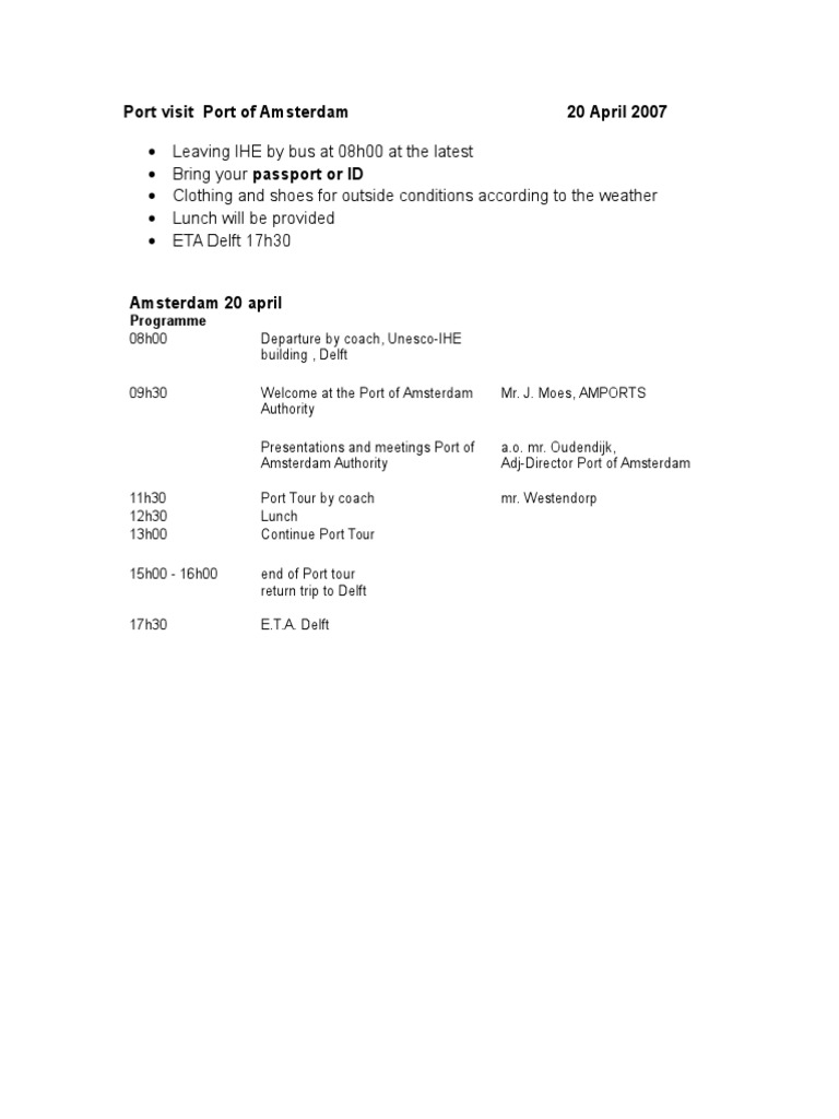 Amsterdam Port Visit Itinerary 2007 | PDF