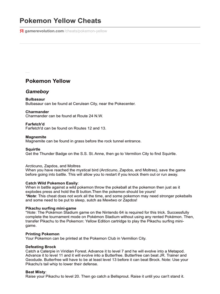 Pokemon Yellow Cheats (Updated) | PDF | Pokémon | Media Franchises