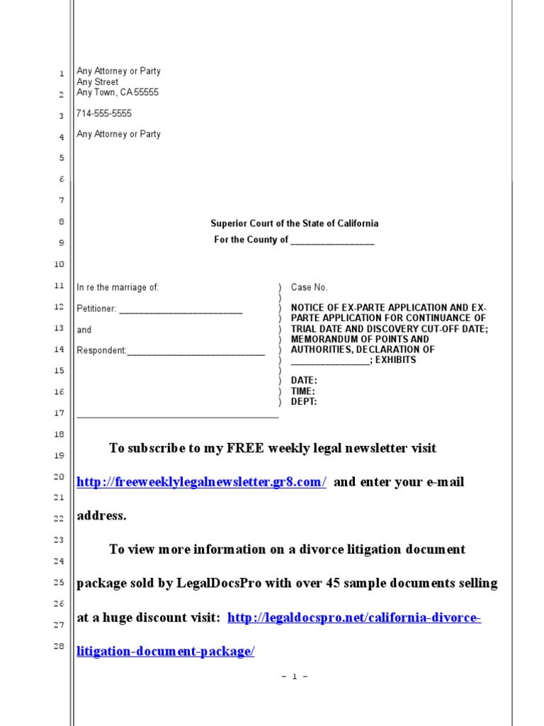 Sample Ex-Parte Application For Continuance of Trial Date For California Divorce | PDF ...