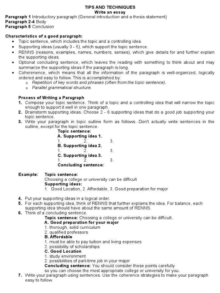 TIPS And TECHNIQUES For Writing An Essay 1 PDF Traffic Paragraph