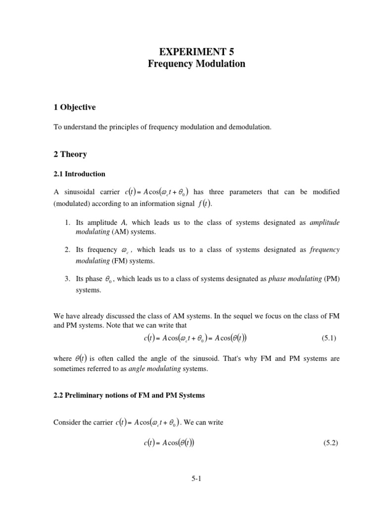 Experiment 5 Frequency Modulation: 1 Objective | PDF | Frequency Modulation | Modulation