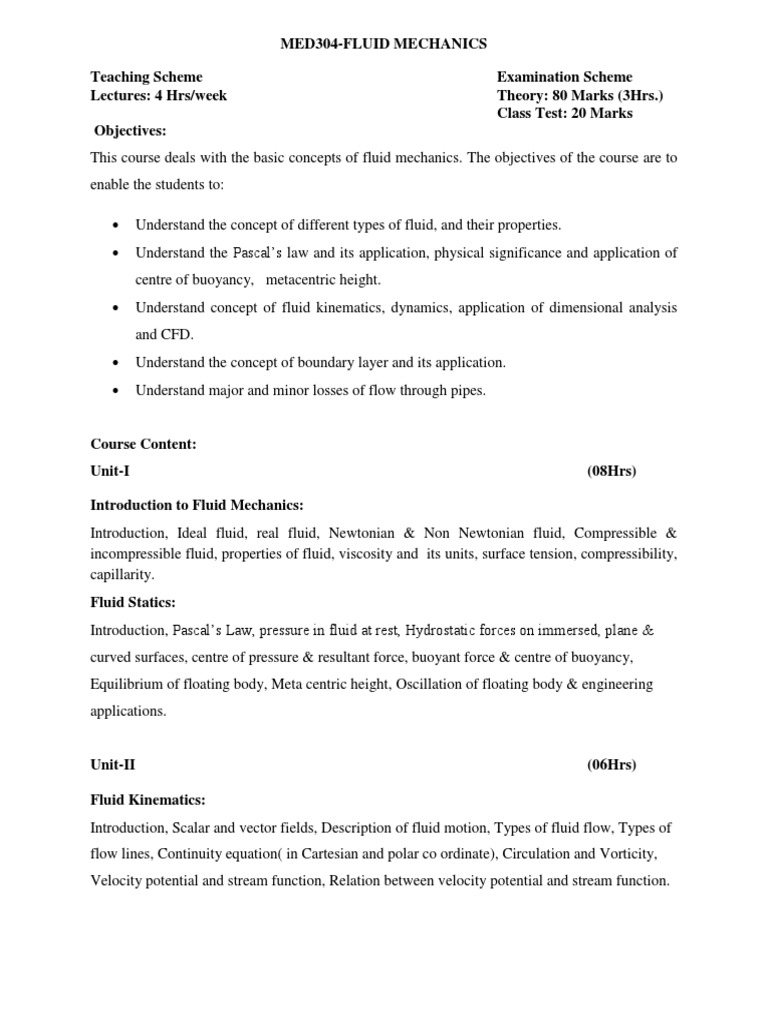 FLUID MECHANICS COURSE SYLLABUS | PDF | Boundary Layer | Fluid Dynamics