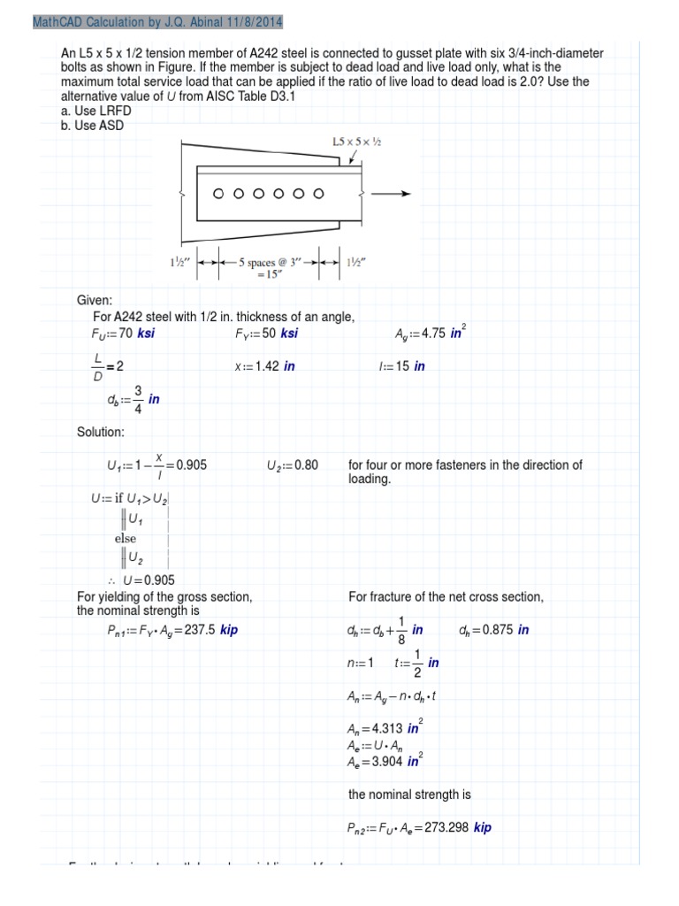 U From AISC Table D3.1: Ksi Ksi in in in in | PDF | Strength Of ...