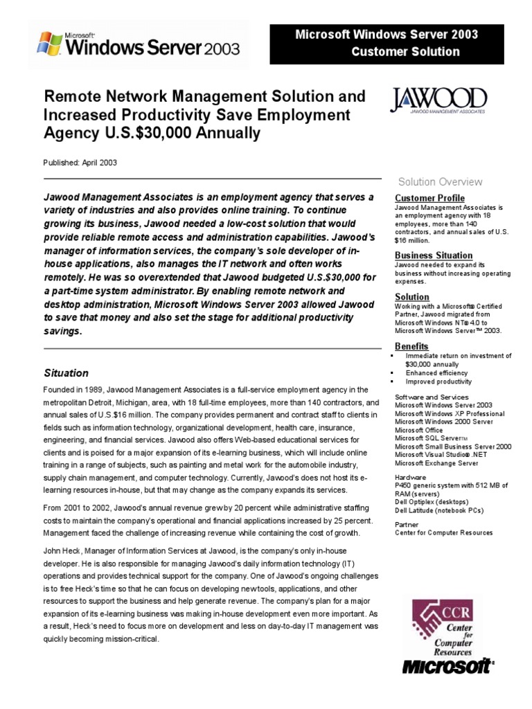 Jawood - Windows Server 2003 Case Study | PDF | Remote Desktop Services ...