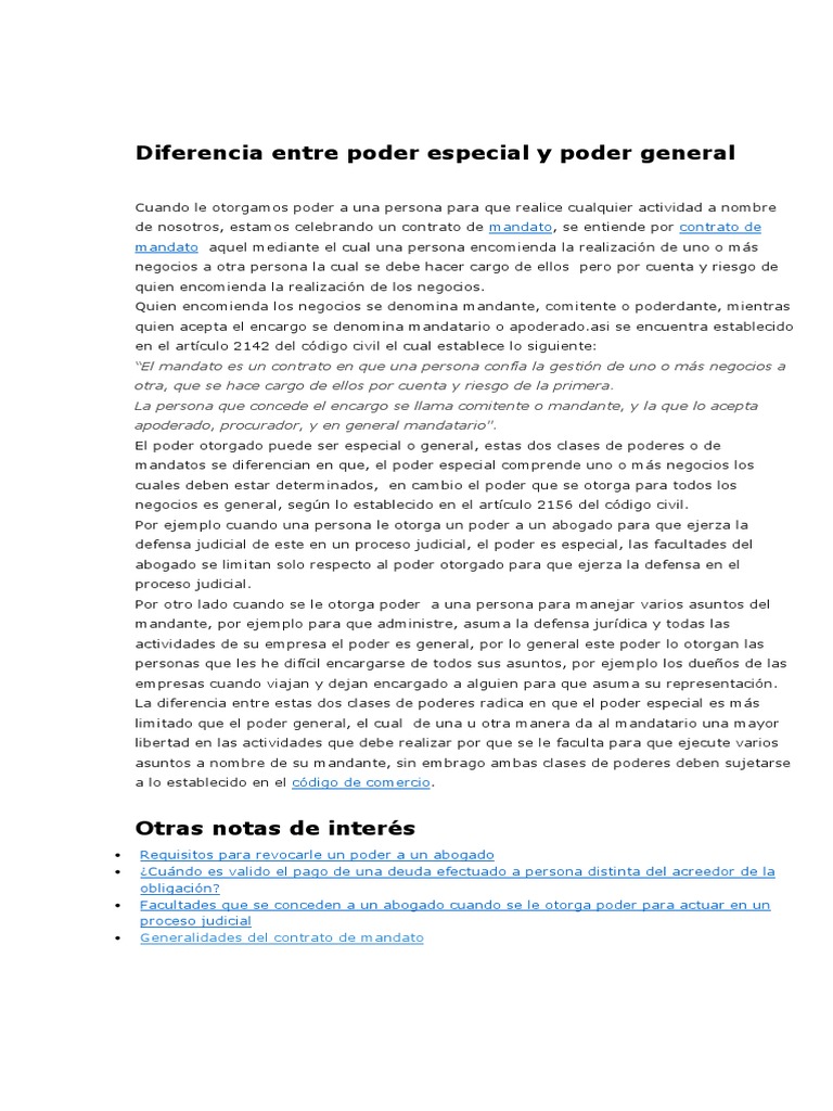 Diferencia Entre Poder Especial y Poder General | PDF | Conceptos ...
