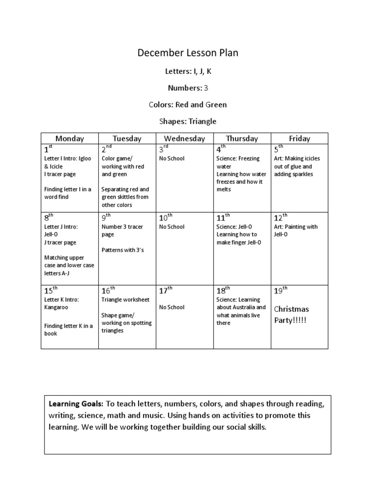 December Preschool Lesson Plan | PDF | Language Arts & Discipline ...