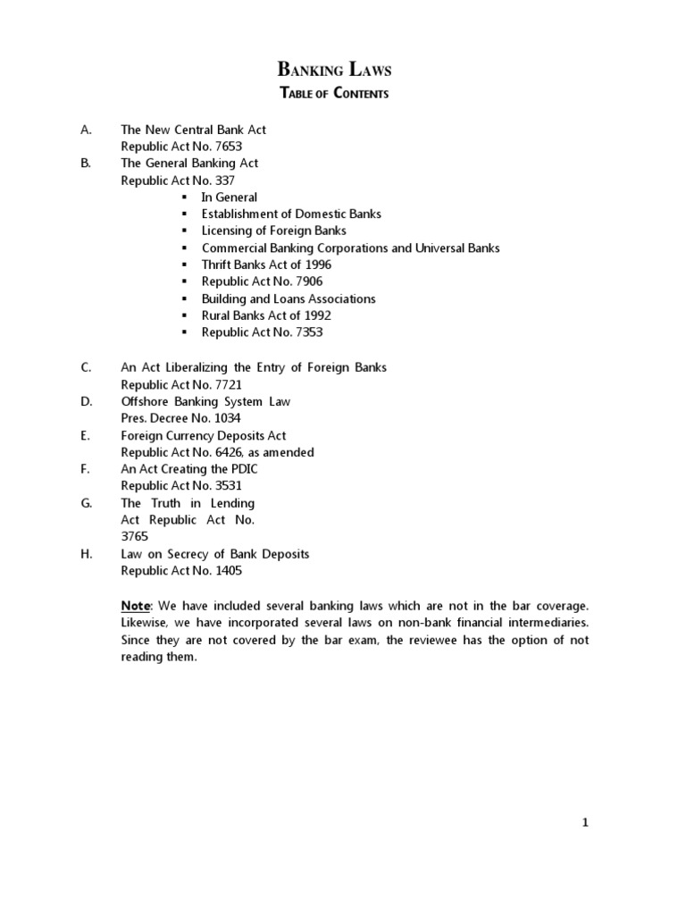 Philippine Banking Laws Overview | PDF | Monetary Policy | Banks