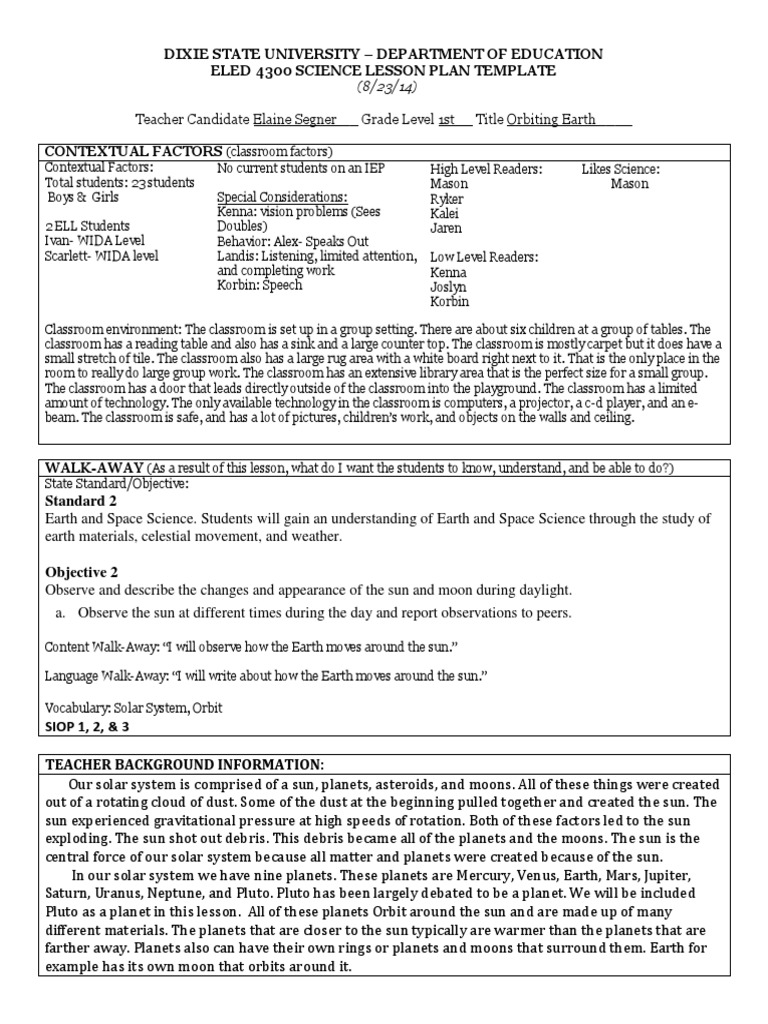 Earth Orbit Lesson Plan for 1st Grade | PDF | Planets | Natural Satellite