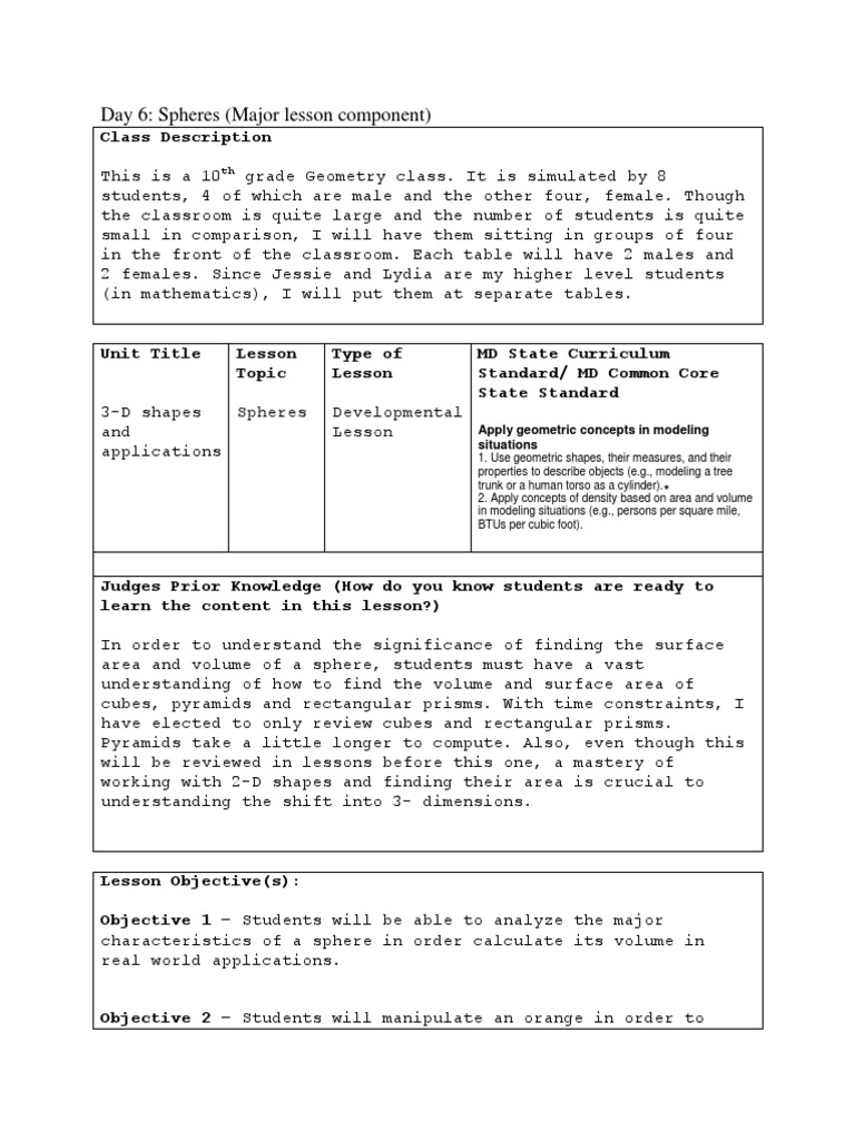 Day 6: Spheres (Major Lesson Component) : Apply Geometric Concepts in ...