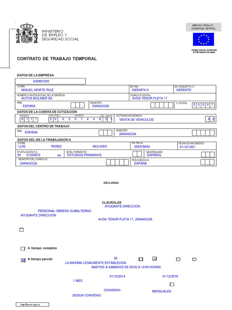 Ejemplo de Temporal Contrato | Derecho laboral | Tiempo de trabajo