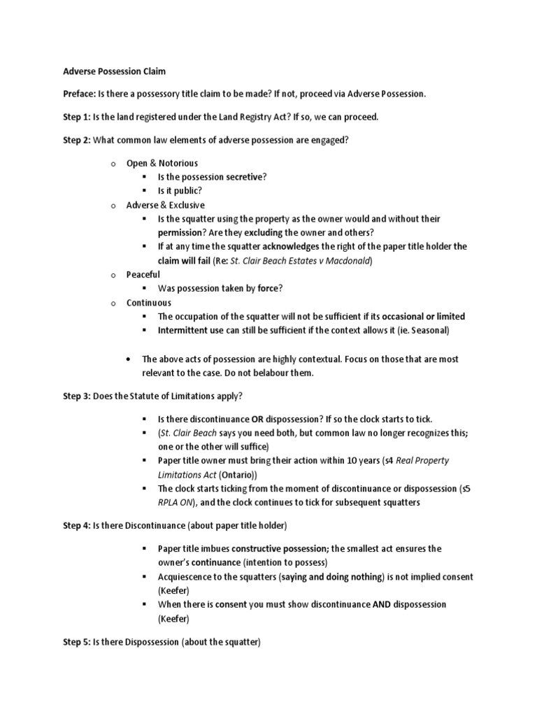 SH+Adverse+Possession+Checklist | Adverse Possession | Private Law