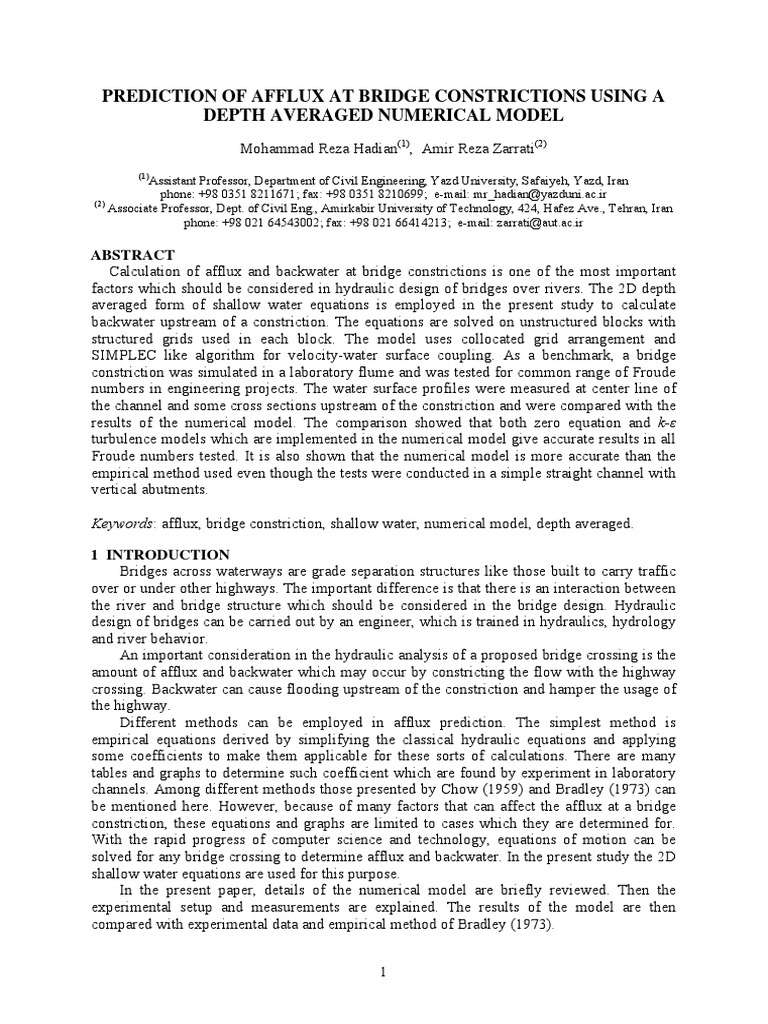 Prediction of Afflux at Bridge Constrictions Using A Depth Averaged ...