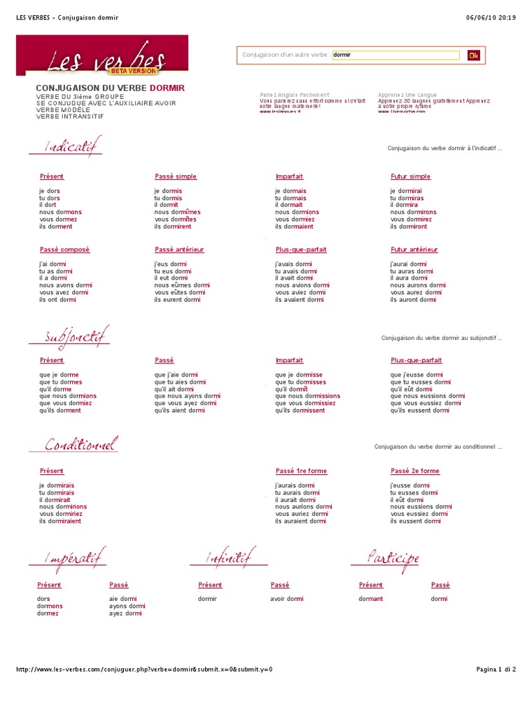 Dormir Conjugaison Conjugaison Du Verbe Dormir Au Présent En