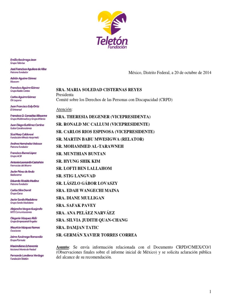 Carta de Fundación Teletón Al Comité Sobre Los Derechos de Las Personas Con Discapacidad (CRPD ...