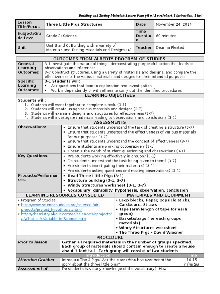 Grade 3 Windy Structures Lesson Plan | PDF | Lesson Plan | Educational ...