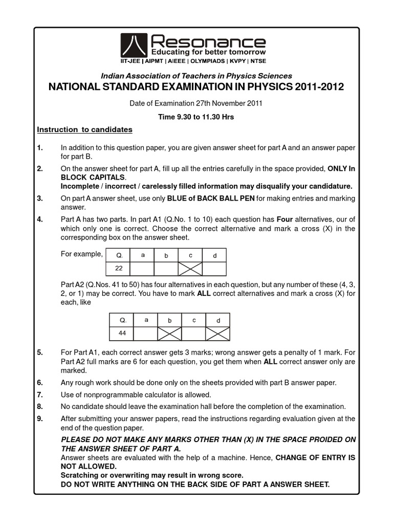 NSEP Test Paper Soln 2011-12 | PDF | Incandescent Light Bulb | Volt