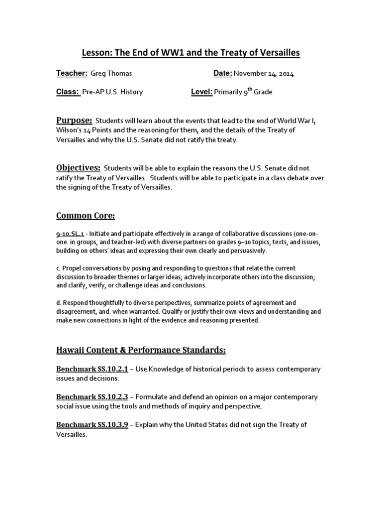 Lesson Plan End of ww1 and The Treaty of Versailles | PDF | Treaty Of ...