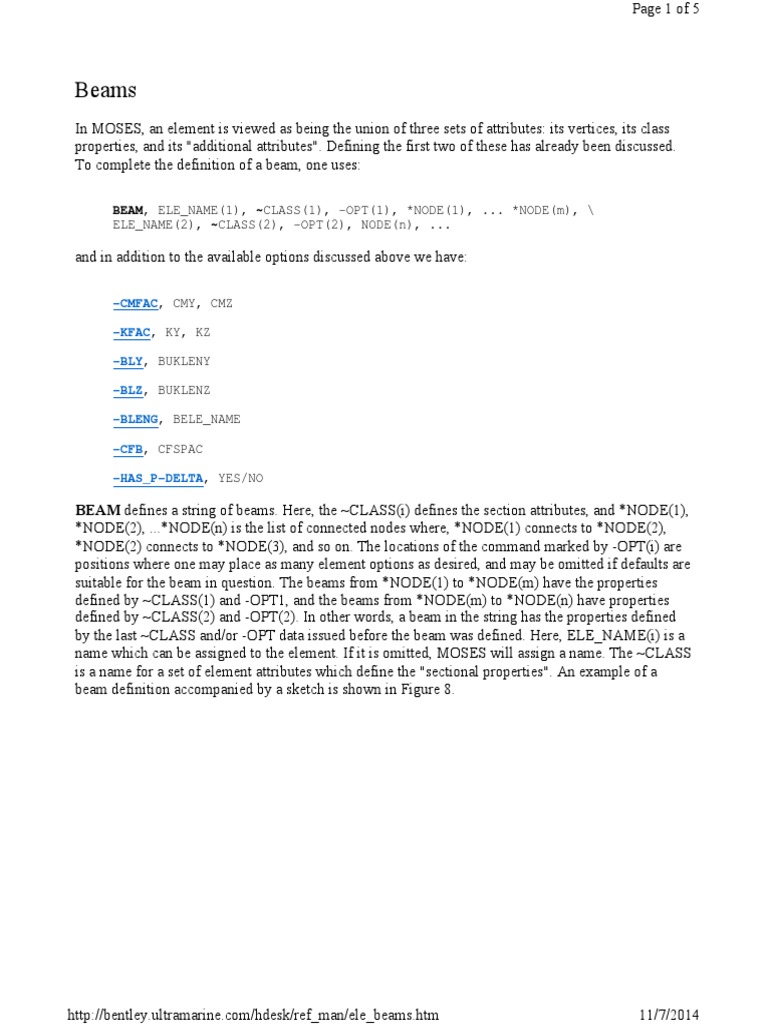 Beams: BEAM, ELE - NAME (1), CLASS (1), - OPT (1), NODE (1), ... NODE ...
