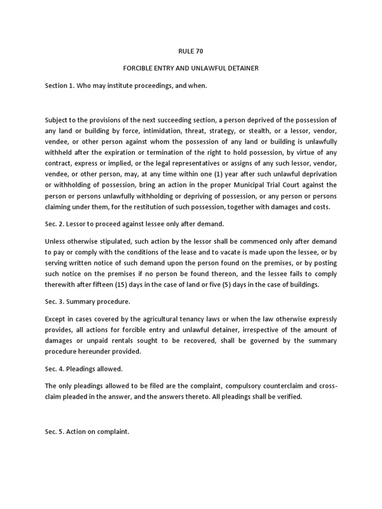 Rule 70 Forcible Entry and Unlawful Detainer | Download Free PDF ...