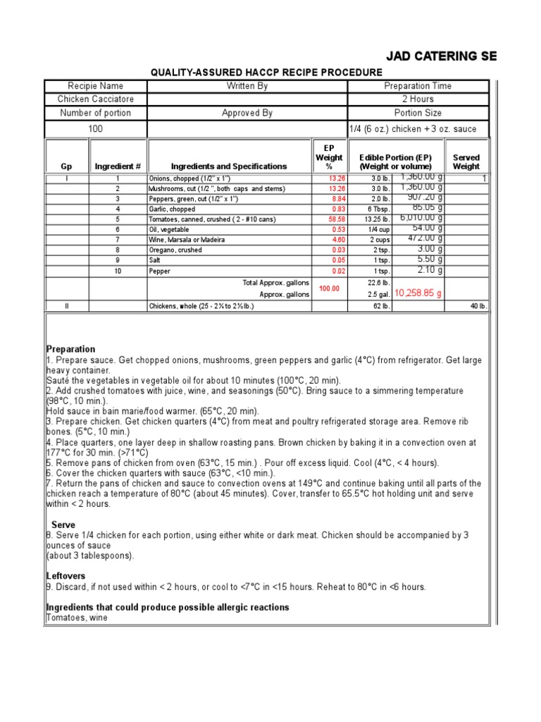 HACCP Recipe Card Chicken Cacciatore JCSL-HACCP-RC-000001 | PDF ...
