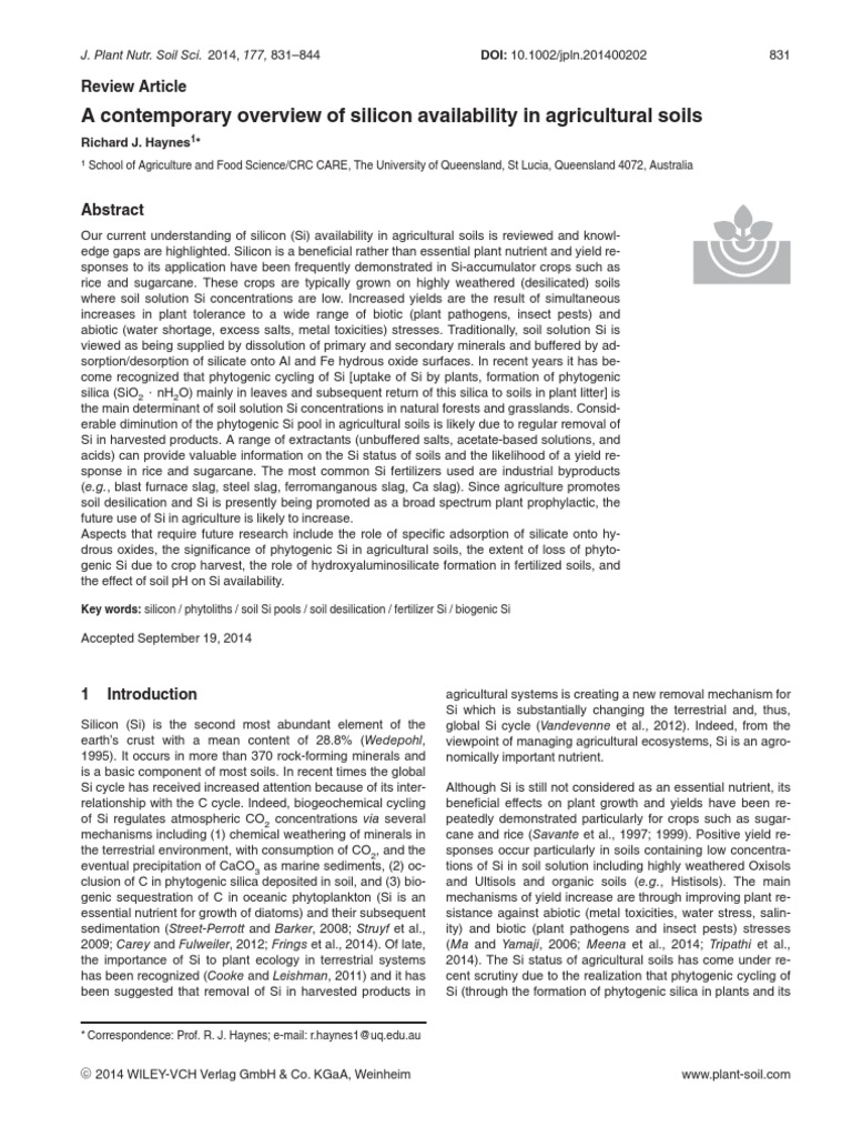 A Contemporary Overview of Silicon Availability in Agricultural Soils ...