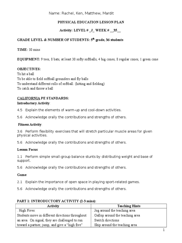 Softballl Lesson Plan | PDF | Batting (Baseball) | Softball