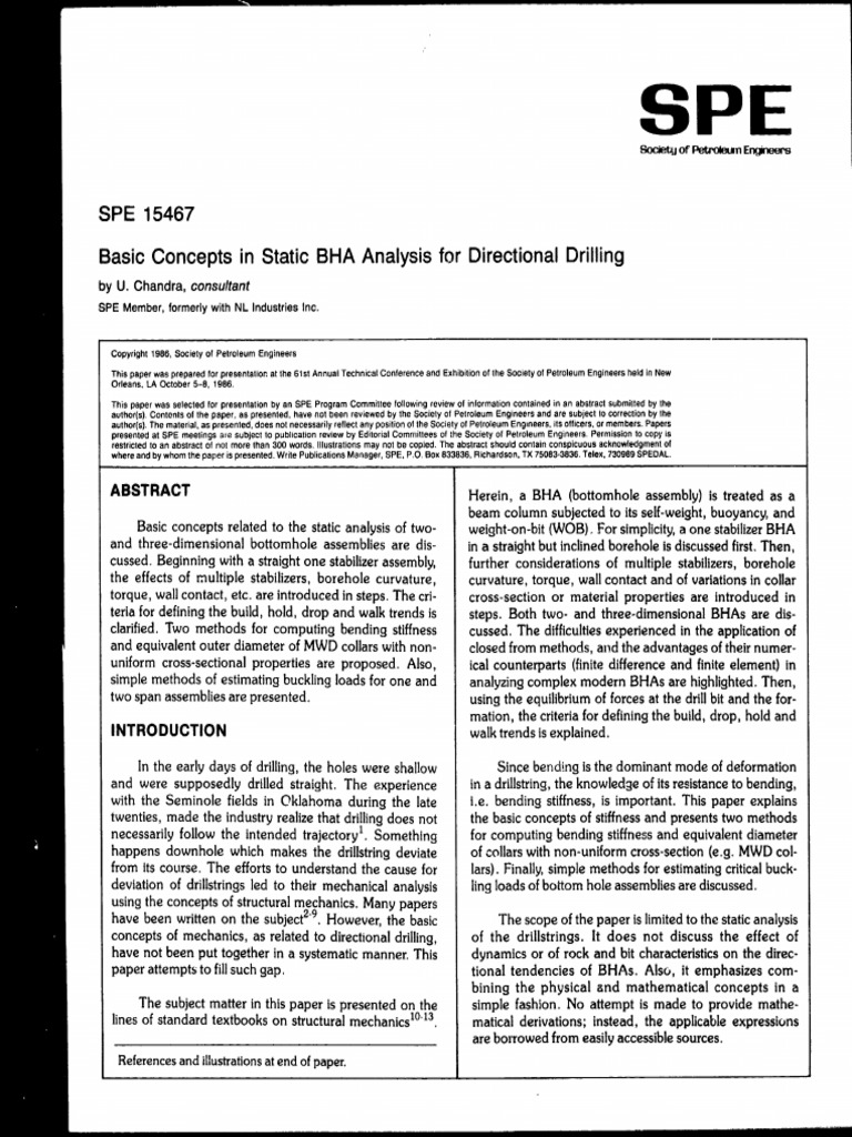 SPE-15467 Basic Concepts in Static BHA Analysis For Directional Drilling | PDF | Buckling | Bending