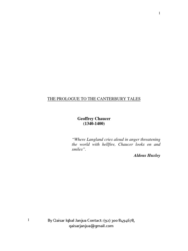 Geoffrey Chaucer's Prologue To The Canterburry Tales (A Critical ...