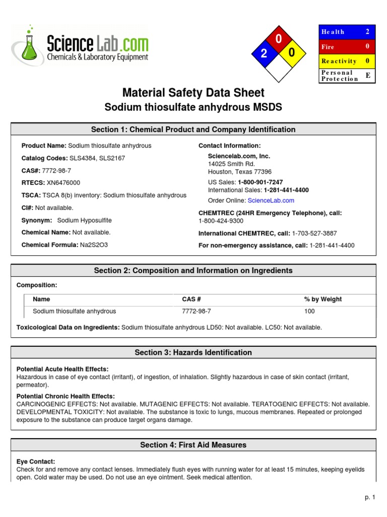 MSDS Na2S2O3 | Toxicity | Personal Protective Equipment