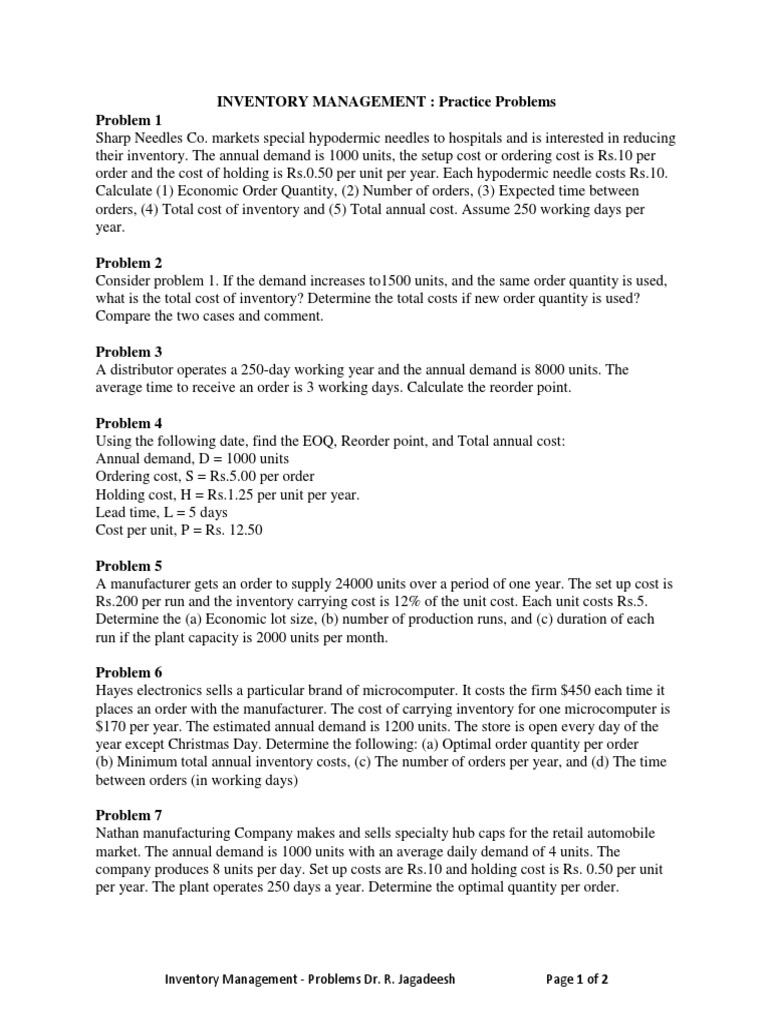 INVENTORY MANAGEMENT Problems Only For Class Nov 2014 | PDF | Inventory ...