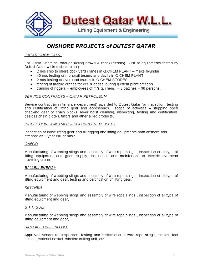 Onshore Projects of Dutest Qatar | PDF | Crane (Machine) | Industries