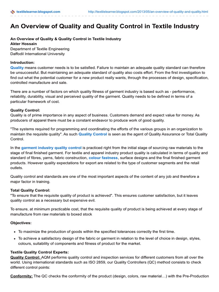 An Overview of Quality and Quality Control in Textile Industry | PDF ...