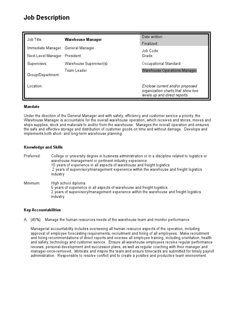 Warehouse Manager Job Description | PDF | Occupational Safety And ...