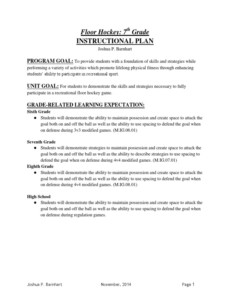 7th Grade Floor Hockey Lesson Plan | PDF | Cognition | Learning