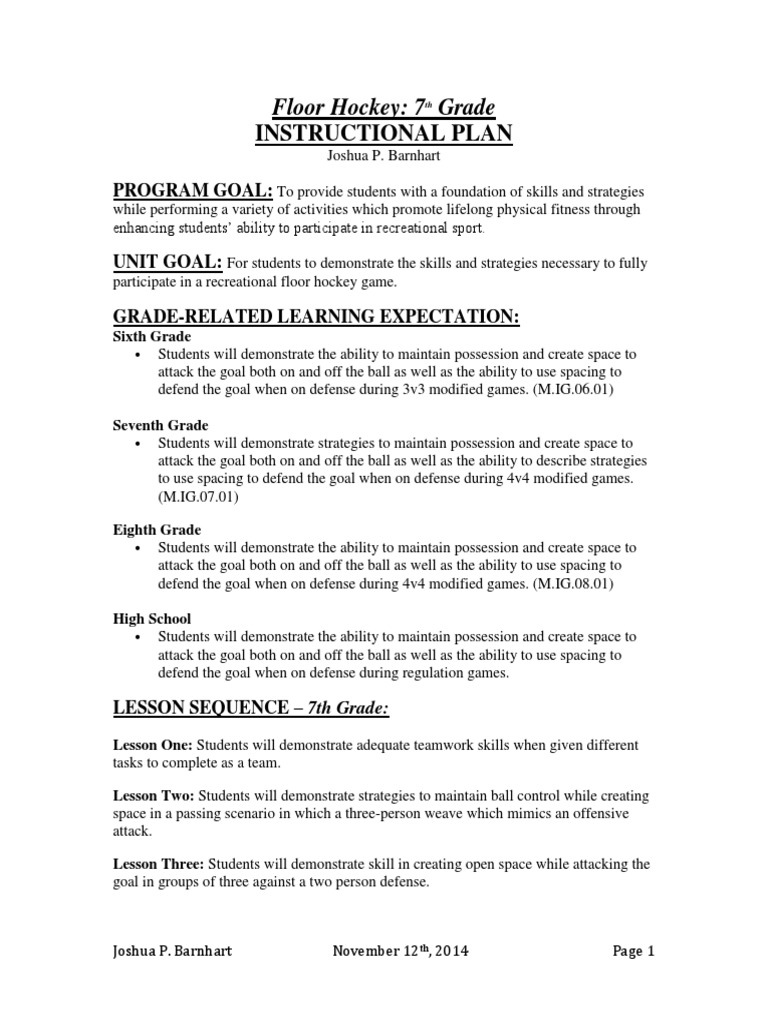 7th Grade Floor Hockey Instruction Plan | PDF | Cognition | Learning