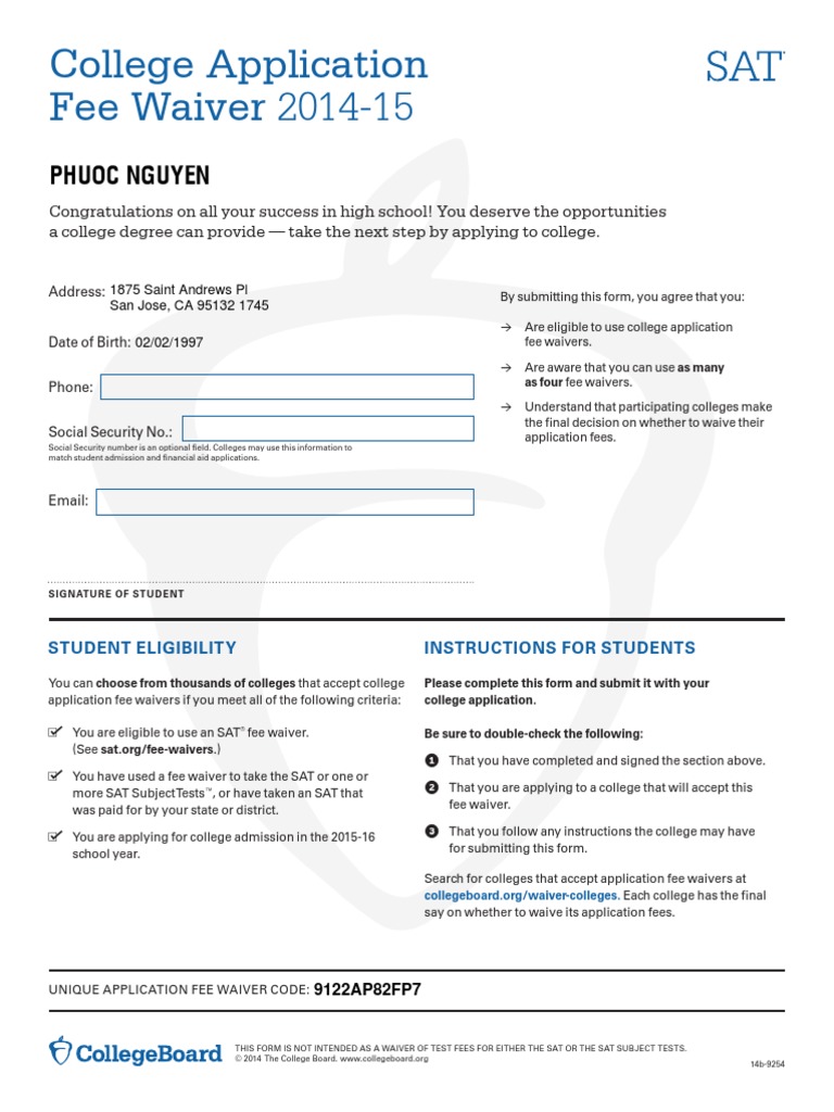 College App Fee Waiver | PDF | Sat | University And College Admission