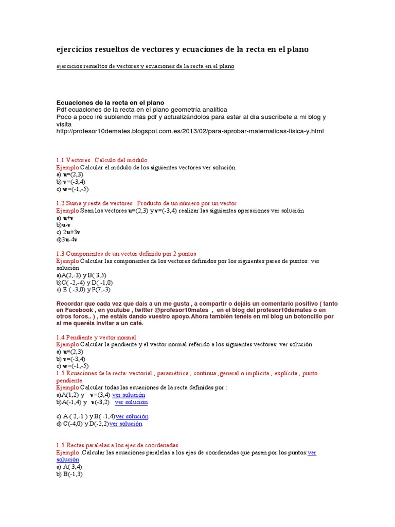 Ejercicios Resueltos de Vectores y Ecuaciones de La Recta en El Plano | PDF | Línea (geometría ...