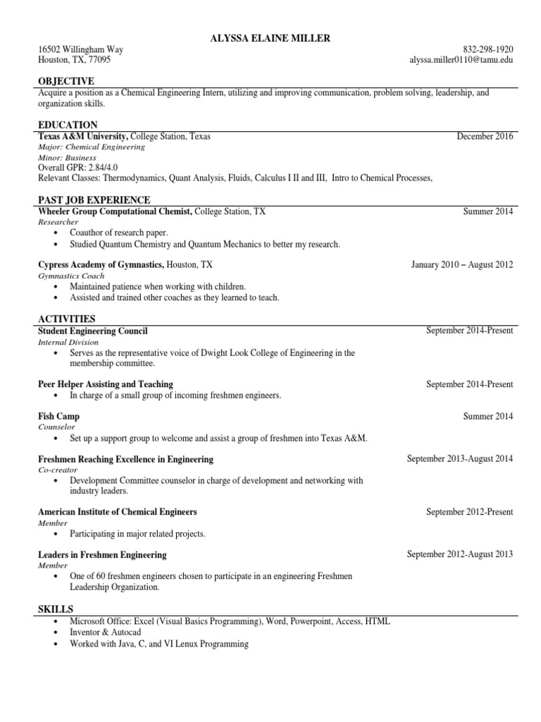 Chemical Engineering Intern Resume | PDF