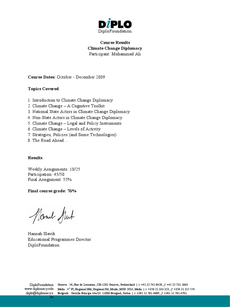 Climate Change Diplomacy Course Results | PDF