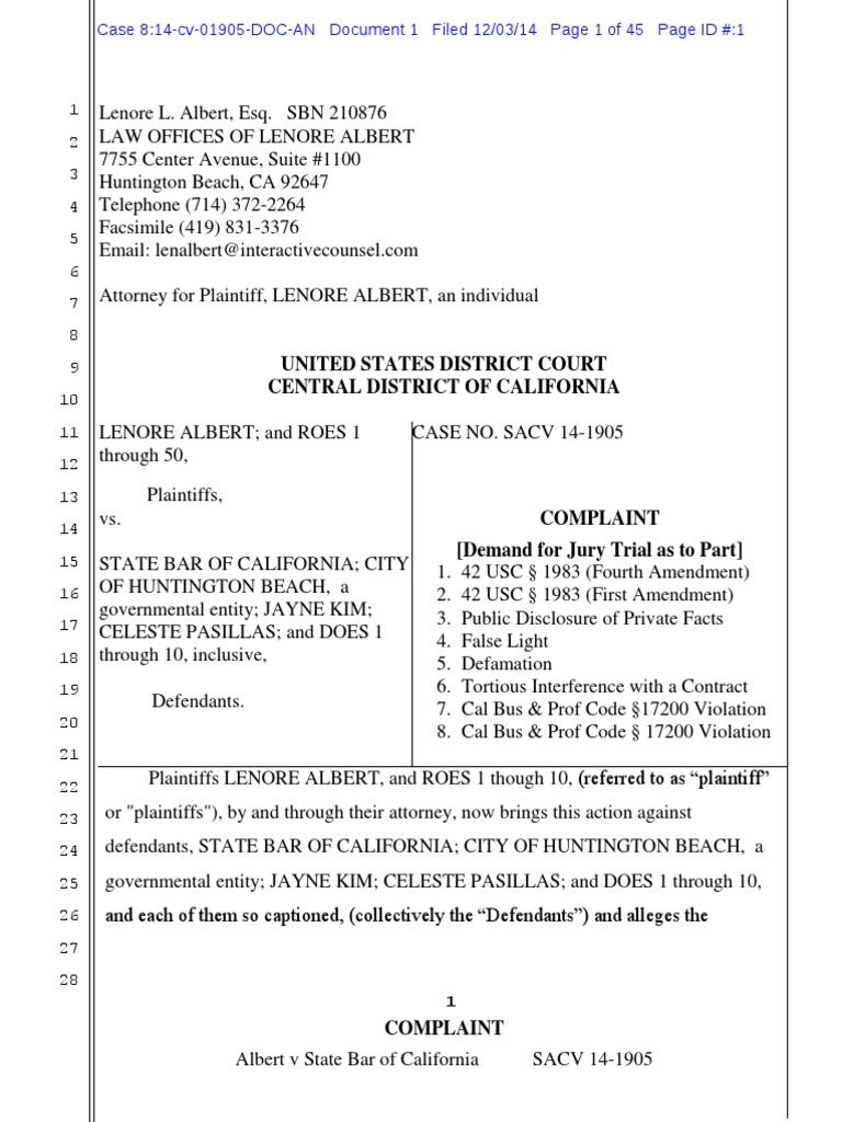 Attorney Lenore Albert Sues Cal State Bar | PDF | State Bar Of ...