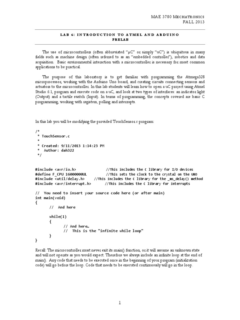 MAE3780 Lab06 Prelab Solution 2014 | PDF | Arduino | Microcontroller