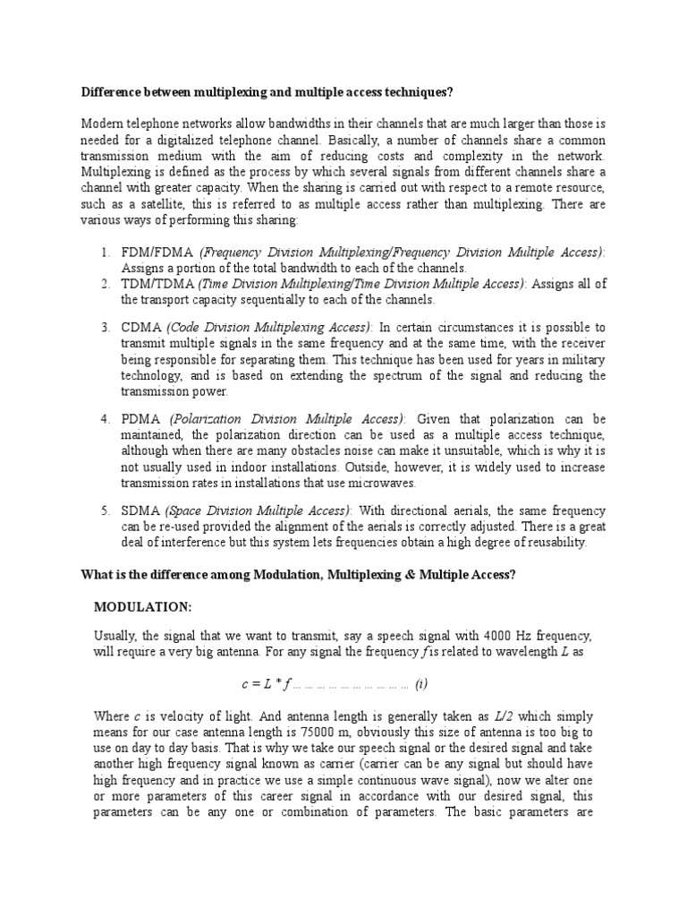 Difference Between Multiplexing and Multiple Access Techniques | PDF | Channel Access Method ...