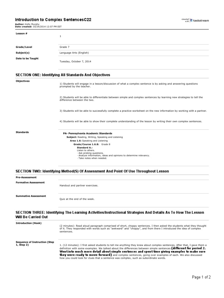 Grade 8 Complex Sentences Lesson | PDF