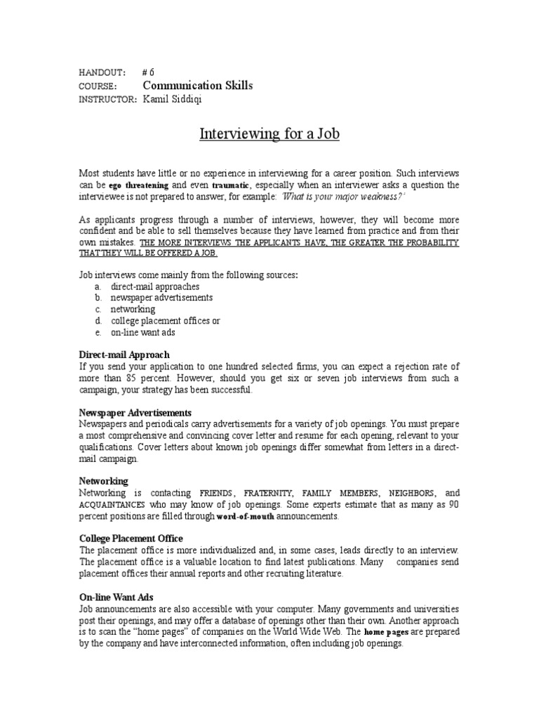 Handout #6 Interviewing For A Job | PDF | Interview | Job Interview